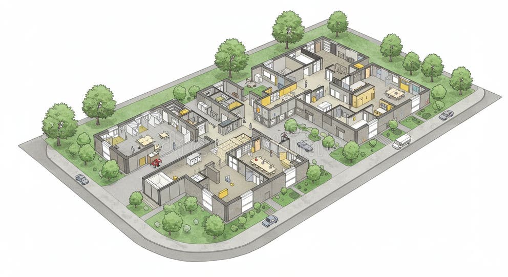 Isometric Architectural Illustration of a Large Complex on a Corner Lot ...