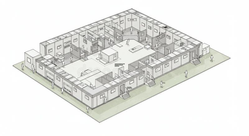An Isometric Architectural Illustration of a Rectangular, Single-story ...