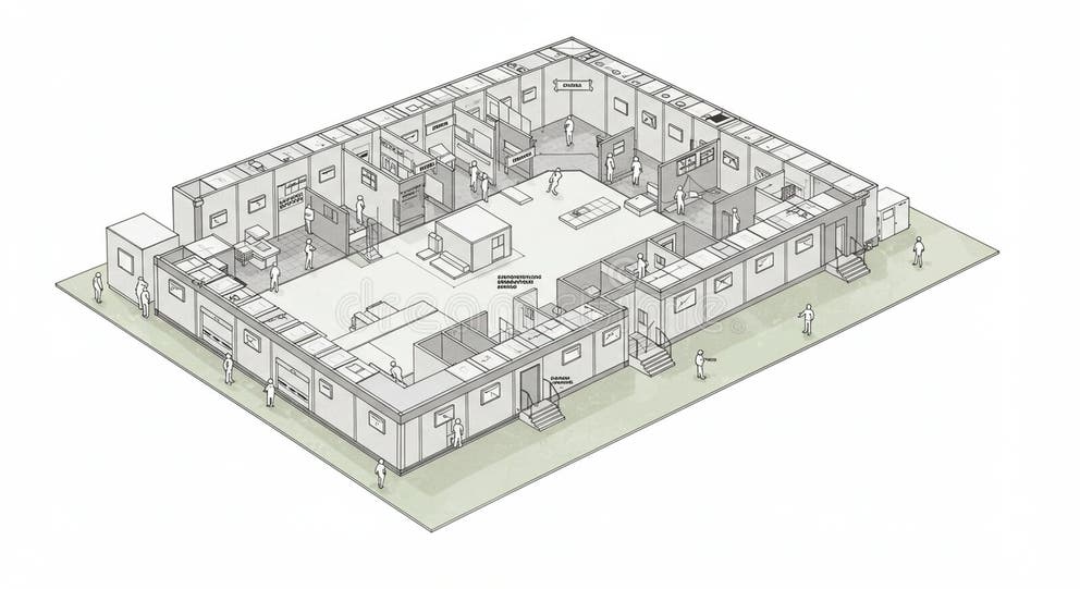 An Isometric Architectural Illustration of a Rectangular, Single-story ...