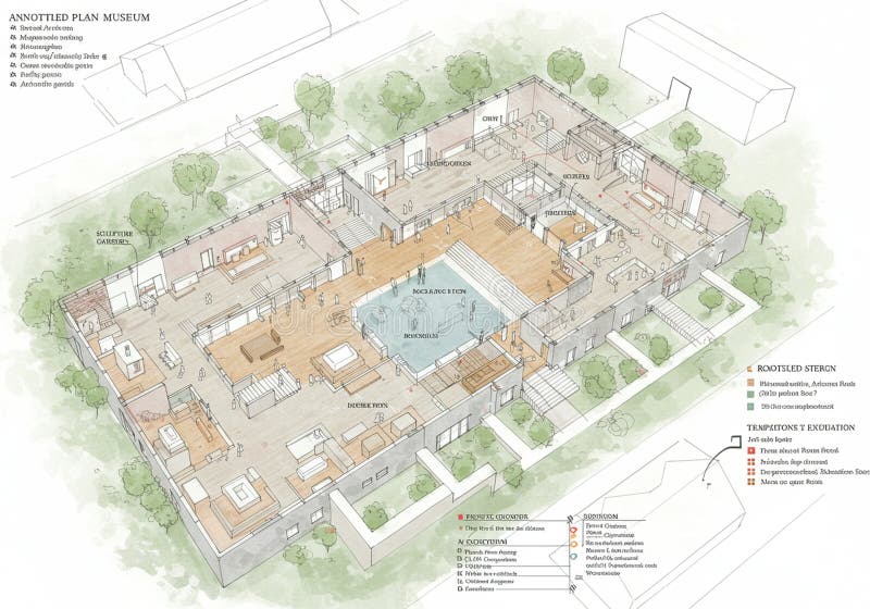 Isometric Architectural Plan of a Museum Featuring Labeled Sections ...