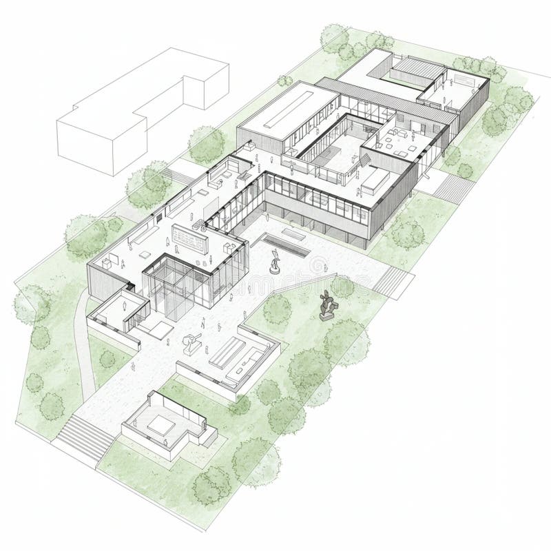 Isometric Architectural Rendering of a Modern Building with an L-shaped ...