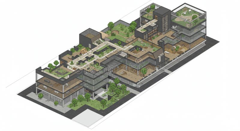Isometric Architectural Rendering of a Modern, Multi-level Building ...