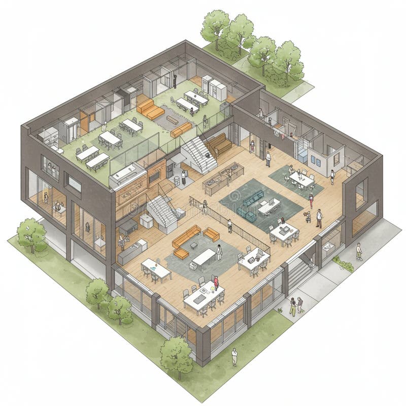 Isometric Architectural Rendering of a Modern Two-story Building with ...