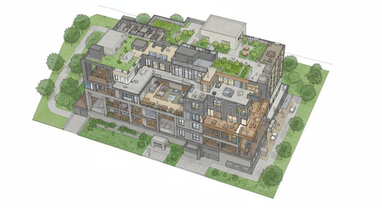 Isometric Architectural Rendering of a Multi-level Residential Building ...