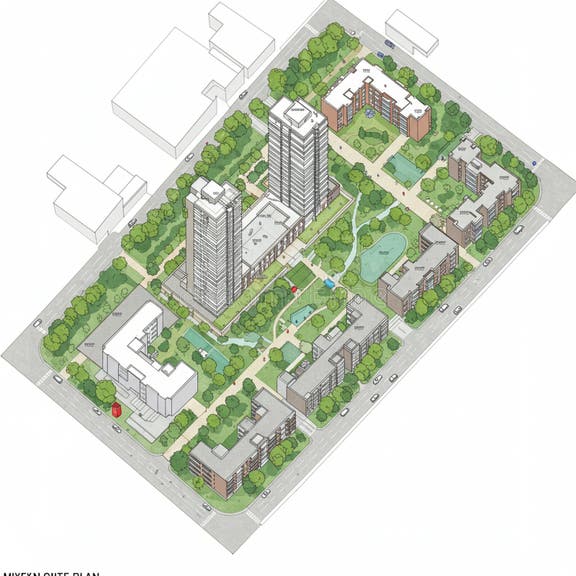 Isometric Architectural Site Plan Depicting a Mixed-use Development ...