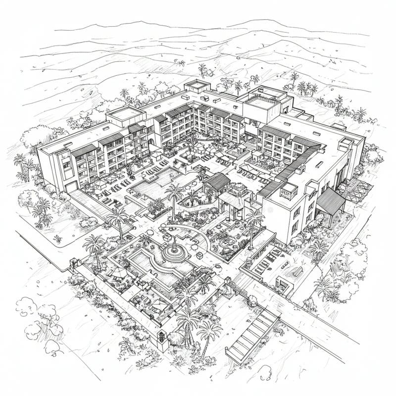 Isometric Architectural Sketch of a Large Resort Complex Featuring a ...