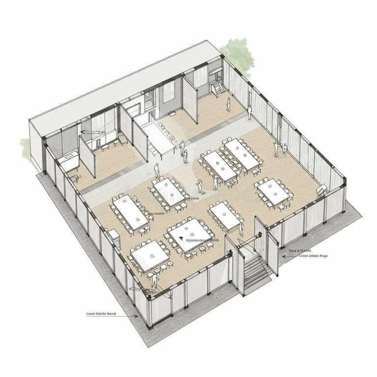 An Isometric Architectural Sketch of a Multi-purpose Room with Multiple Rectangular Stock ...