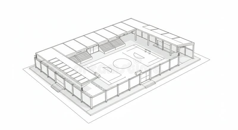 Isometric Architectural Sketch of a Rectangular Sports Facility with a ...