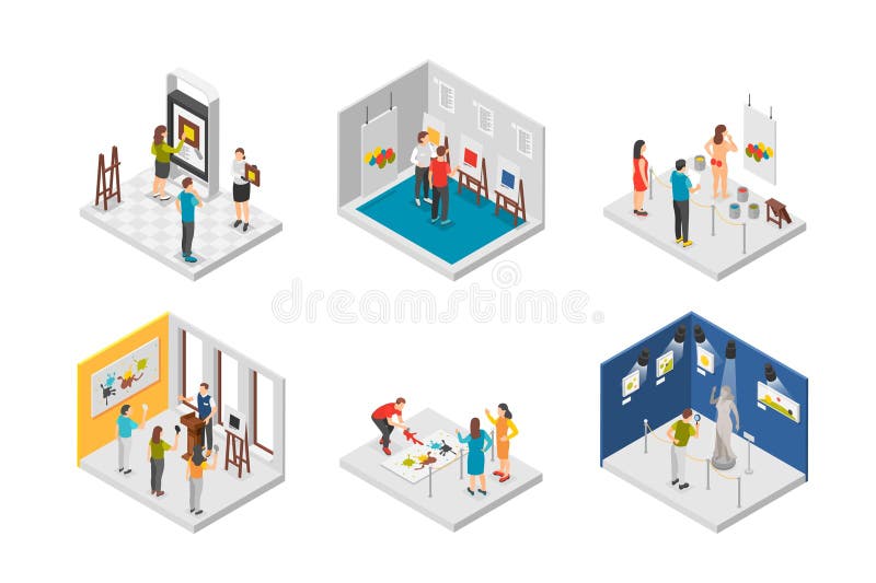 Isometric Art Exhibition. Creative Flash Mob, Artists at Work Process ...