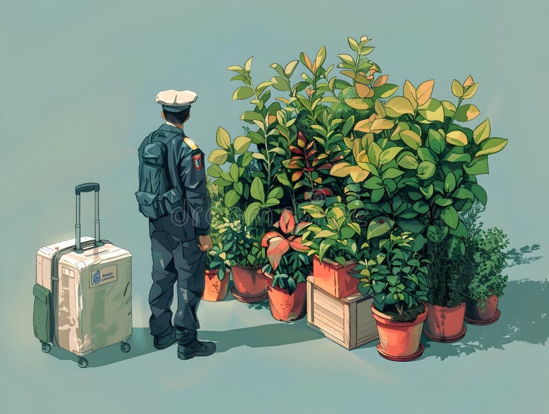 Isometric Artwork of Uniformed Officer Presenting Spring Vegetation and ...
