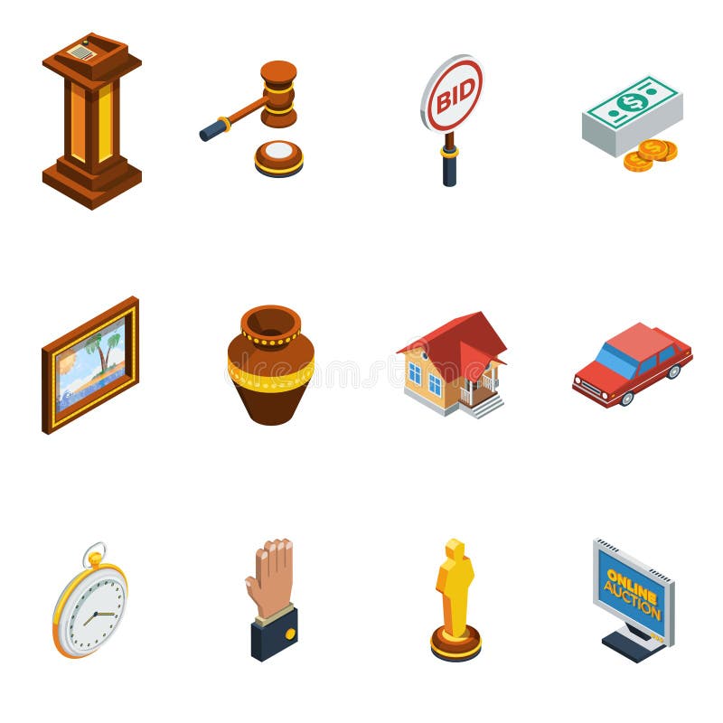 Isometric Auction Icon Set stock vector. Illustration of bidding ...