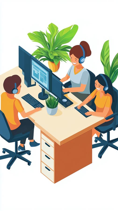 Isometric Avatars of Happy Customer Support Workers Interacting through ...