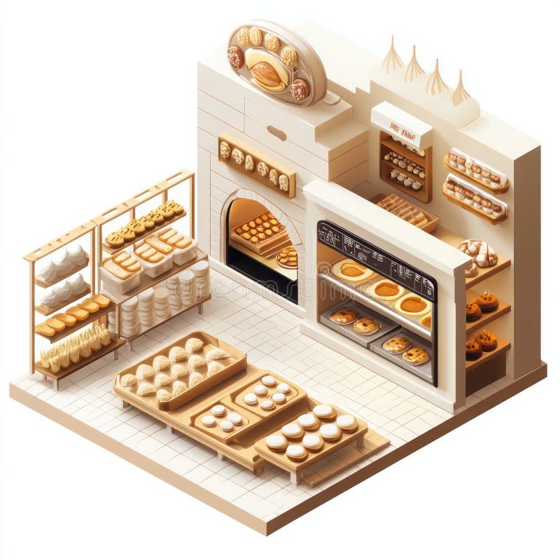 Isometric Bakery with Oven, Dough Trays, Pastries on Display Stock ...