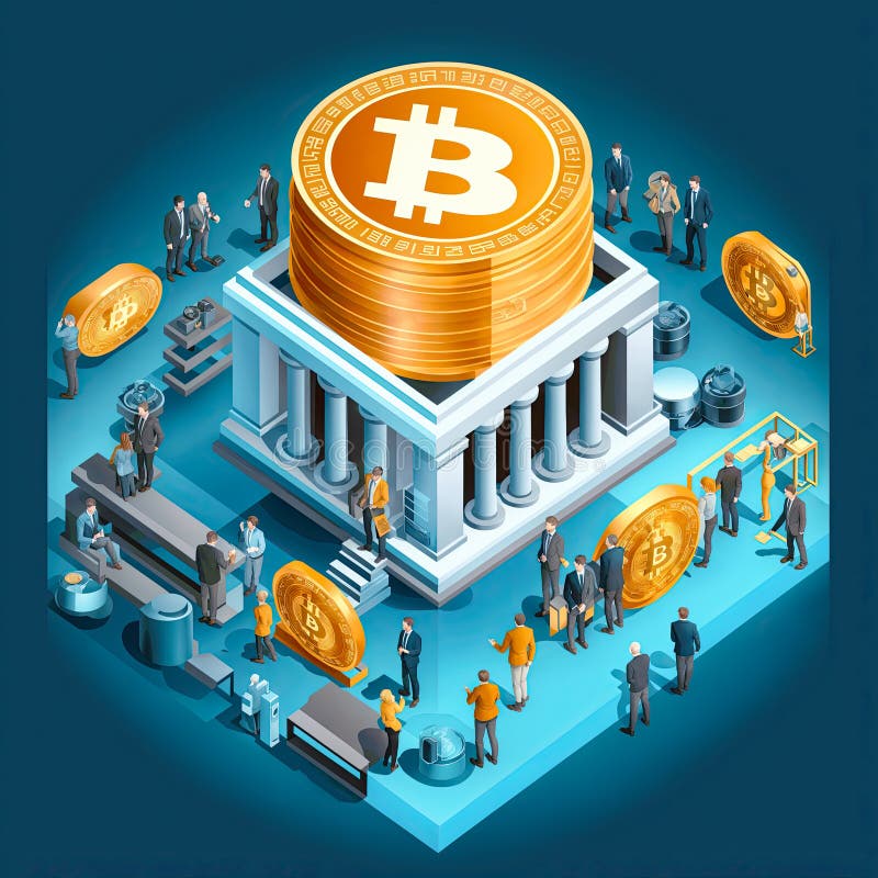 Isometric Bank Building with Bitcoins and People on Blue Background ...