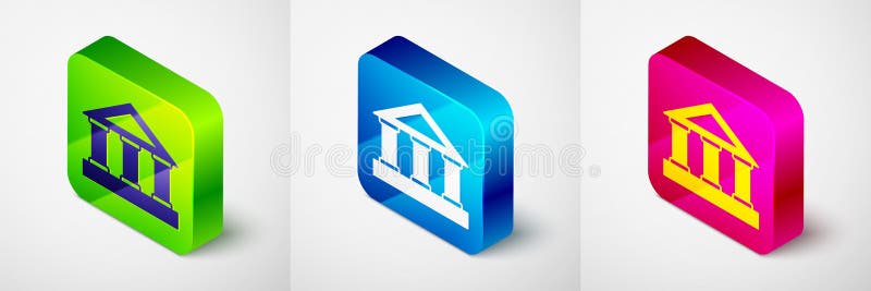 Isometric Bank Building Icon Isolated on Grey Background. Square Button ...