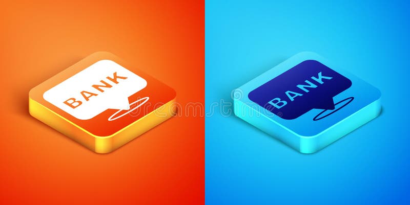 Isometric Bank Building Icon Isolated on Orange and Blue Background ...