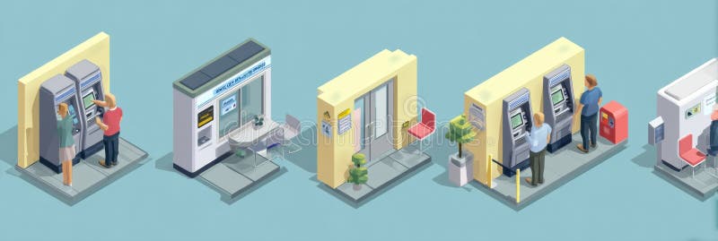 Isometric Bank Layout Showcasing ATM Machines, Staff Interactions, and ...