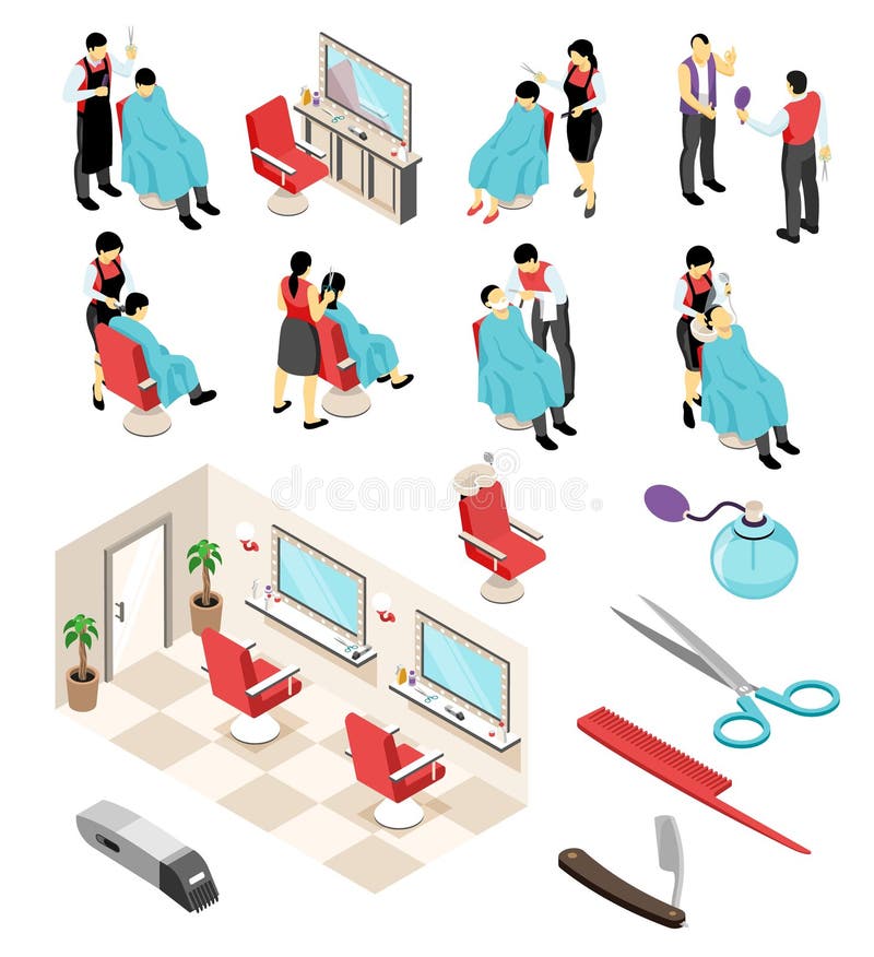 Isometric Barber Shop Set stock vector. Illustration of brush - 130821358