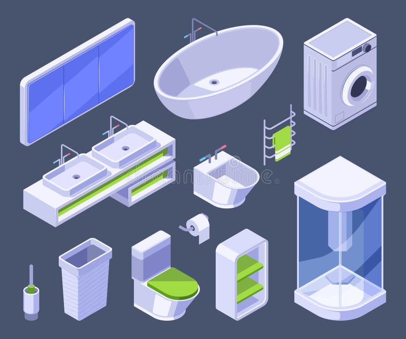 Isometric Bathroom Elements Including a Bathtub, Sink, Washing Machine, and Shower on a Dark ...