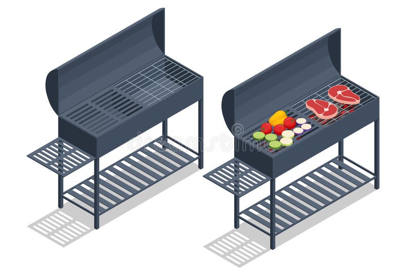 Isometric BBQ Scene Featuring a Grill with Various Meats and Vegetables ...
