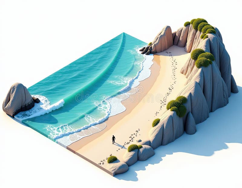 Isometric Beach Scene Tranquil Ocean Waves, Sandy Shore, and Rocky ...