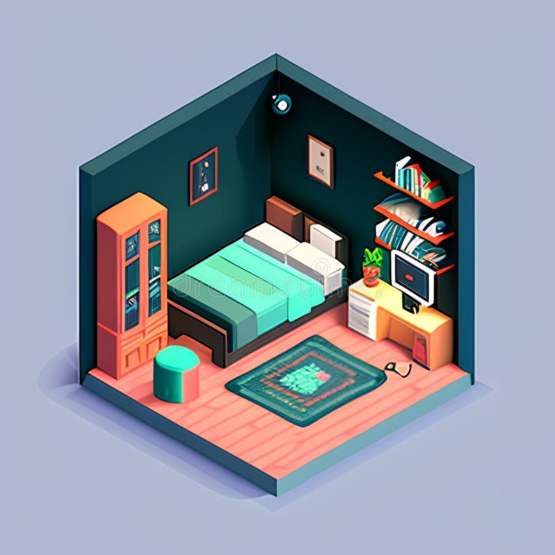 Isometric Bedroom Interior with Bed and Bookshelf Isometric Vector ...