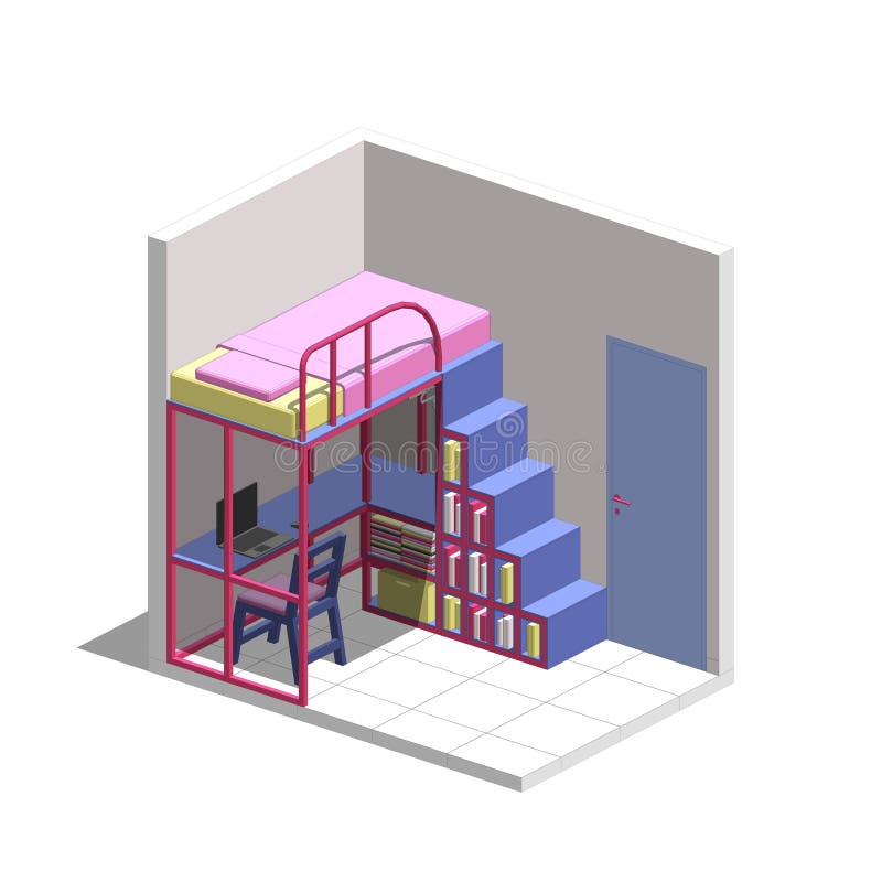 Isometric Bedroom Interior with Bunkbed Illustration Stock Vector ...
