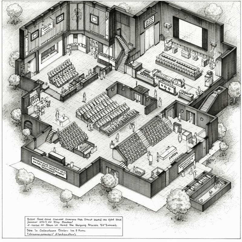 An Isometric, Black-and-white Illustration Depicting a Multi-purpose ...