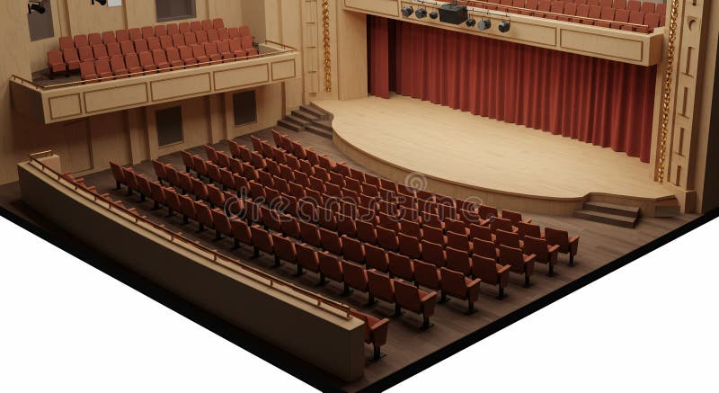 Isometric Blocky Auditorium Interior with Empty Seating and Stage ...