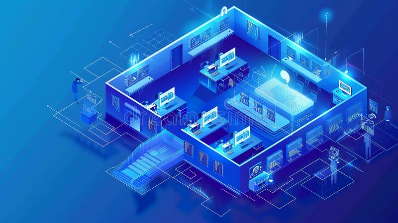 Isometric Blueprint of a Sustainable Office Building Featuring Green ...