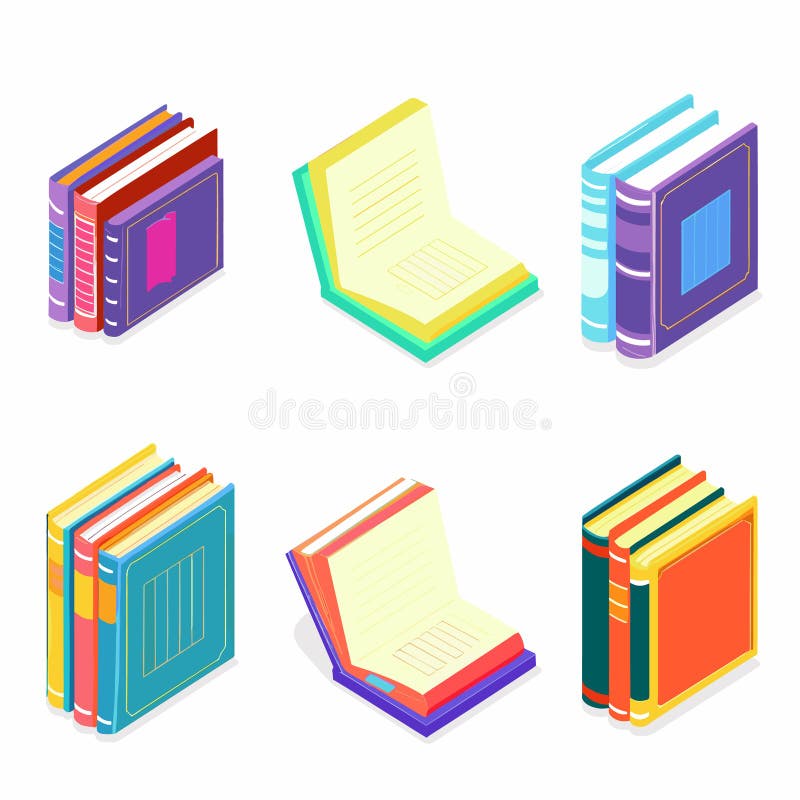Isometric Books Vector Illustrations Set Displaying Various Colorful ...