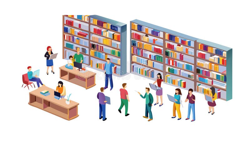 Isometric Bookstore Layout with Customers Browsing Shelves Vector ...