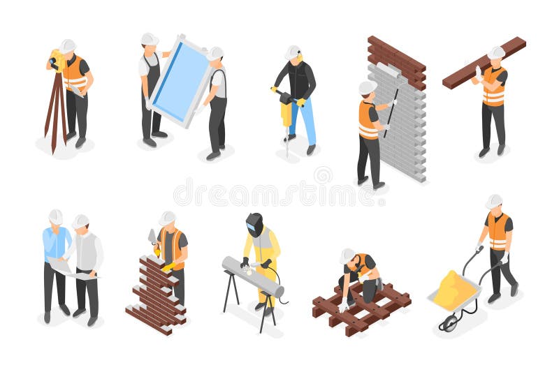 Isometric Builders. Construction Workers Painting Wall Carry Window ...