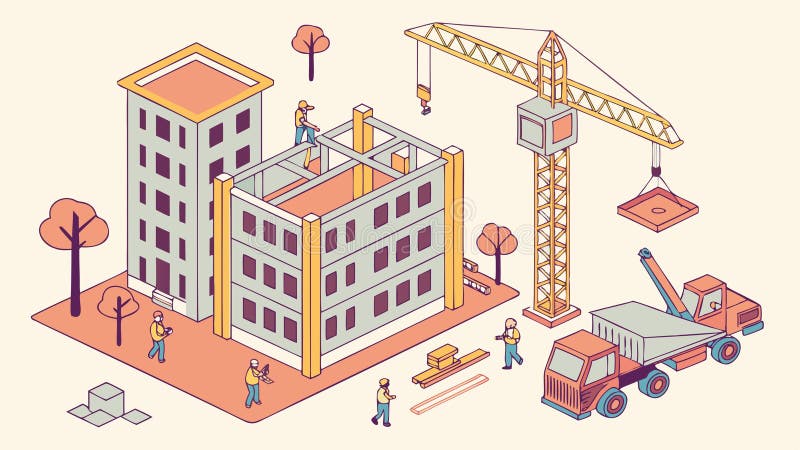 An Isometric Building Construction Site with Cranes and Workers. Vector ...