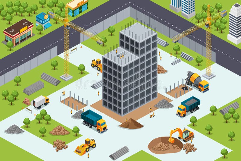 Isometric Building Construction Site Vector Illustration Stock Vector ...