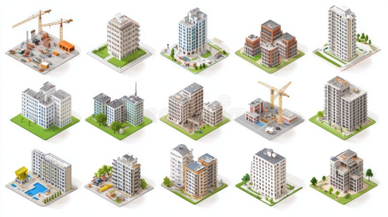 Isometric Building Construction Stages Stock Illustration ...