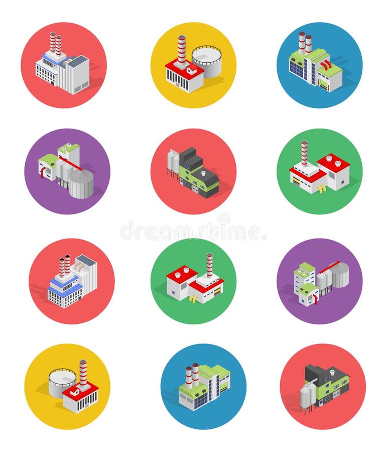 Isometric Building Factory Icons with Shadow Stock Vector ...