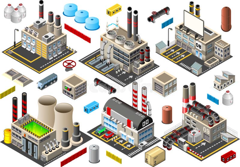Isometric Building Factory Set Stock Vector - Illustration of energy ...