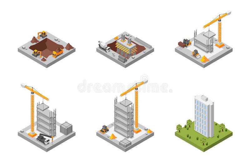 Isometric Building Process. Special Machineries Construction Modern ...