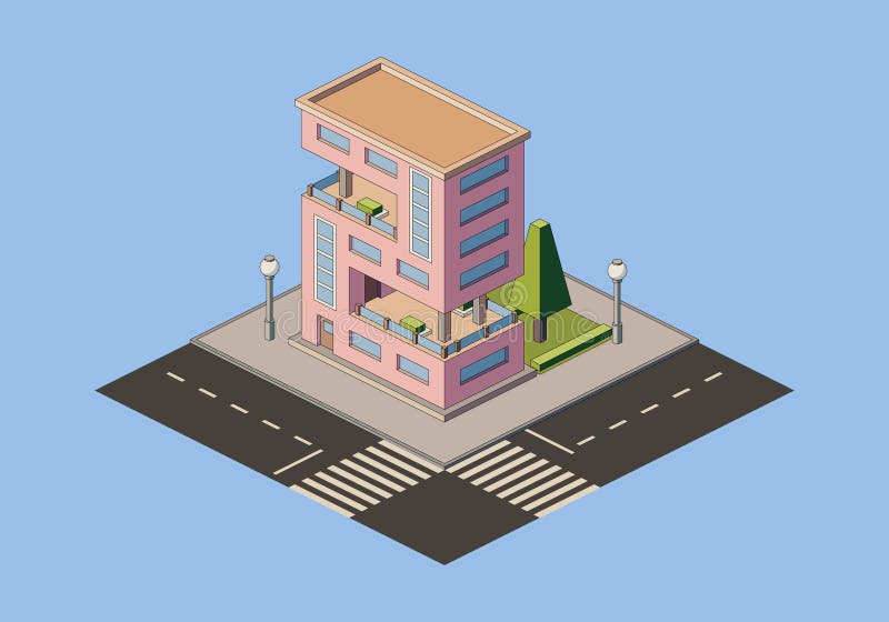 Isometric Building with Road and Trees. Vector Illustration Stock ...