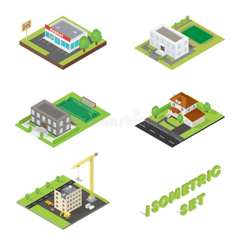 Isometric Buildings Icons Set Stock Vector - Illustration of parking ...