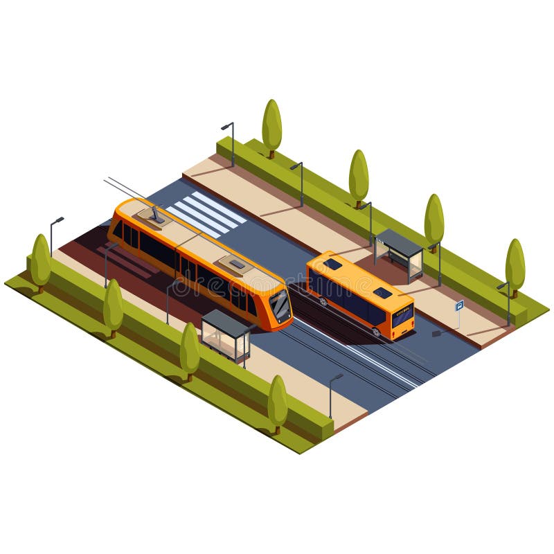 Isometric Bus Stop with Tram and Bus Stock Image - Illustration of ...
