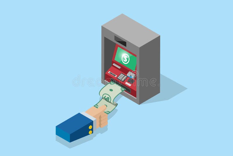 Isometric Business Hand Inserting Credit Card into ATM Machine ...