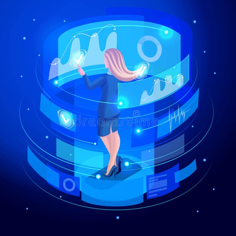 Isometric Business Lady Works on a Virtual Screen, Virtual Reality ...