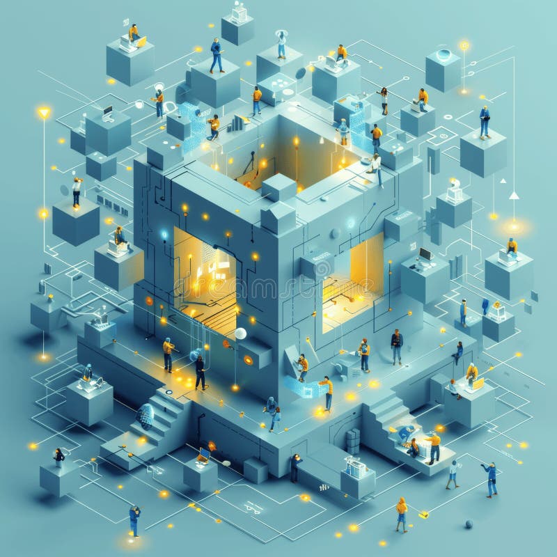 Isometric Business Networking Illustration with Keyhole Cube and People ...