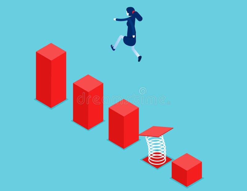 Isometric Business Person Use a Spring To Cross Bar Chart To Highest ...