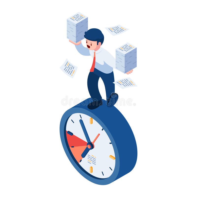 Isometric Businessman Balancing with Stack of Paperwork on Clock Stock ...