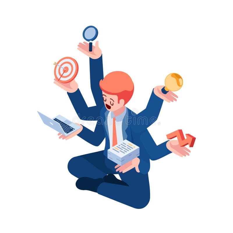 Isometric Businessman Doing Many Tasks at the Same Time Stock Vector ...