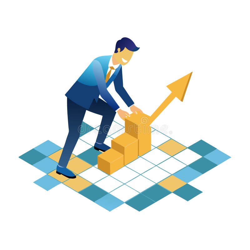 Isometric Businessman Pushing Upward Chart Graph on Grid Pattern for ...