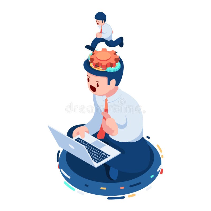 Isometric Businessman Running or Working Hard Inside His Head Stock ...